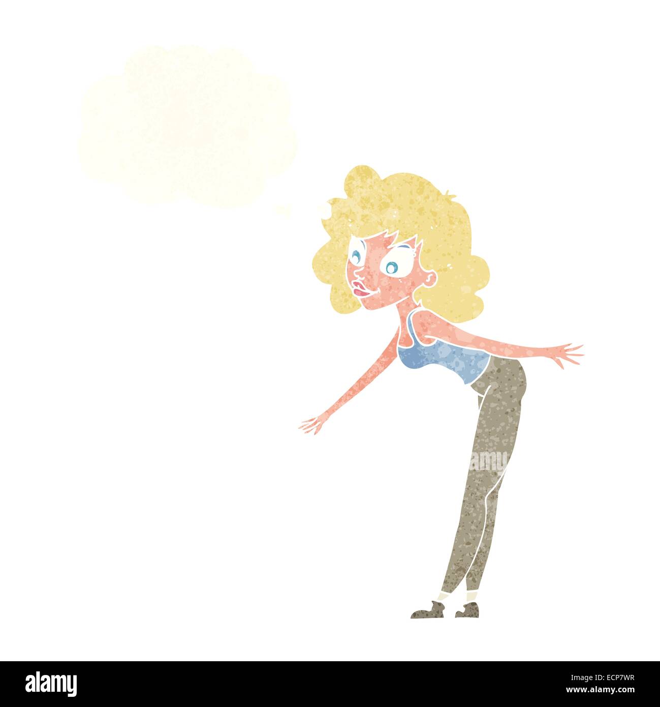 cartoon woman reaching to pick something up with thought bubble Stock ...