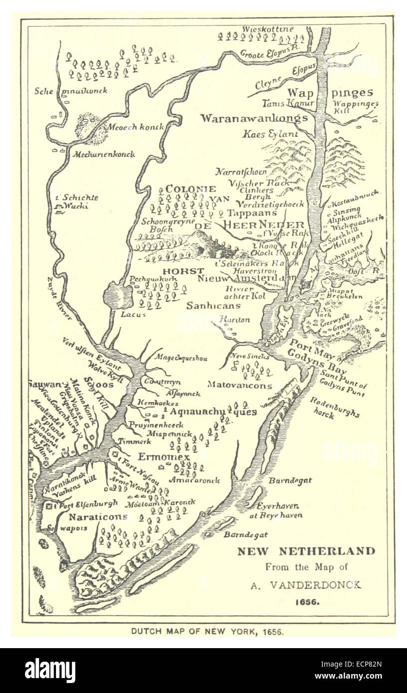 A 1656 Dutch map of New York, showing early colonial settlements and ...