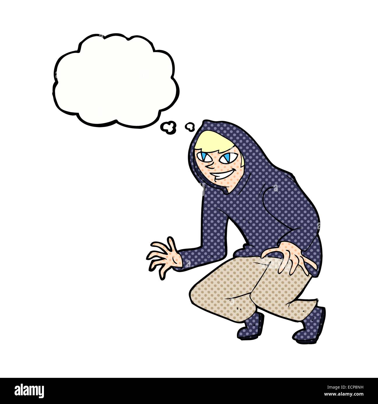 cartoon mischievous boy in hooded top with thought bubble Stock Vector ...