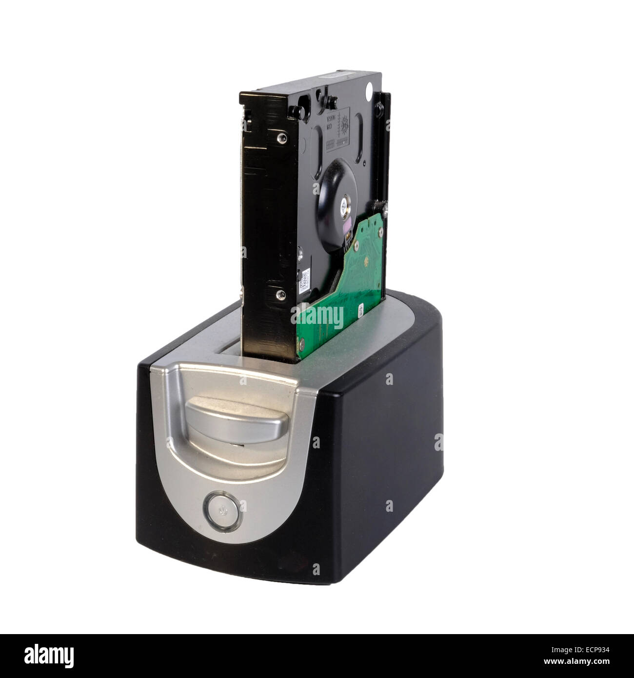 External Computer Hard Disk Enclosure With Hard Drive Plugged In Isolated On White Background 