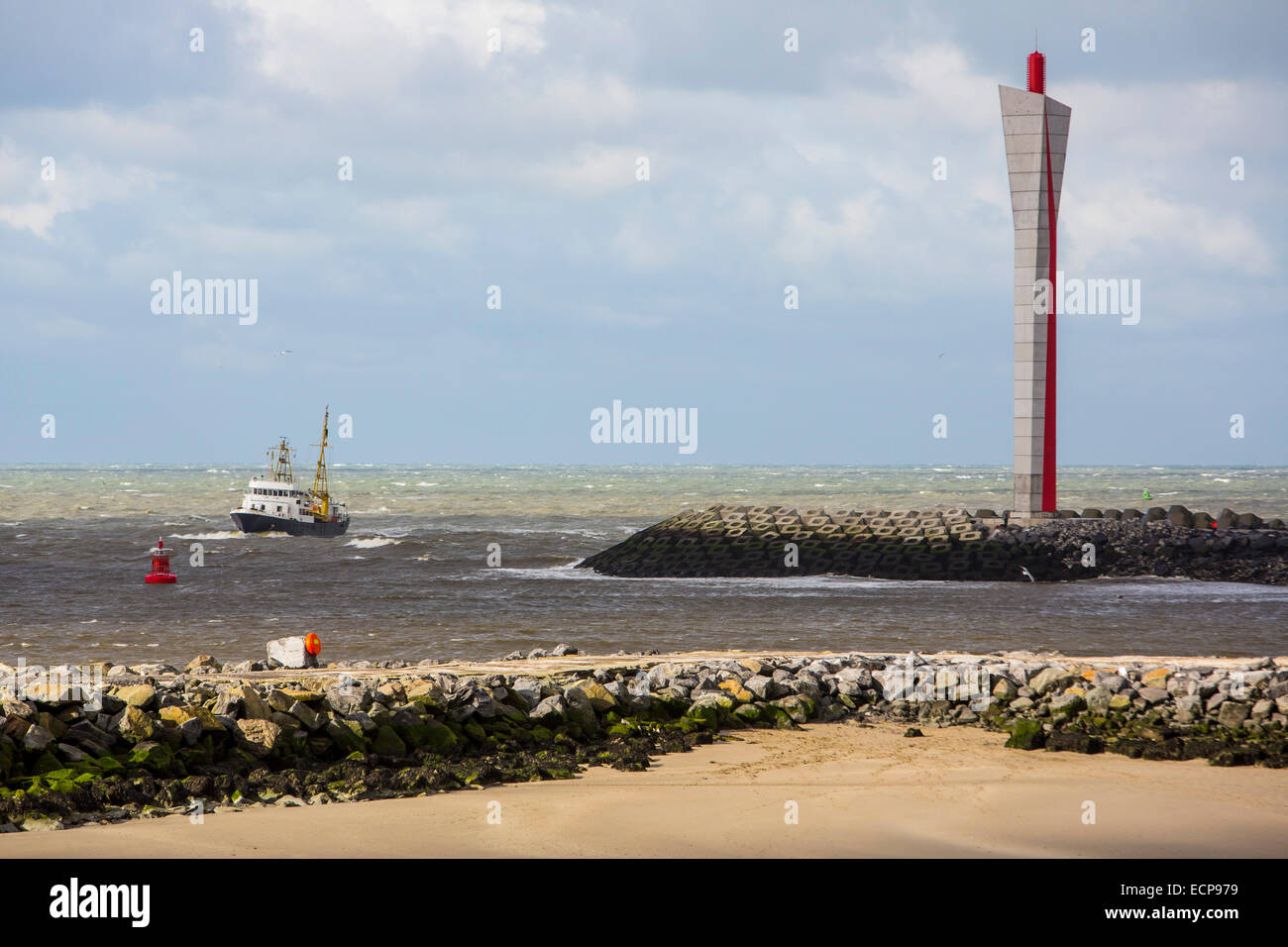 Belgian North Sea coast, harbor entrance, channel to the port of Ostend ...