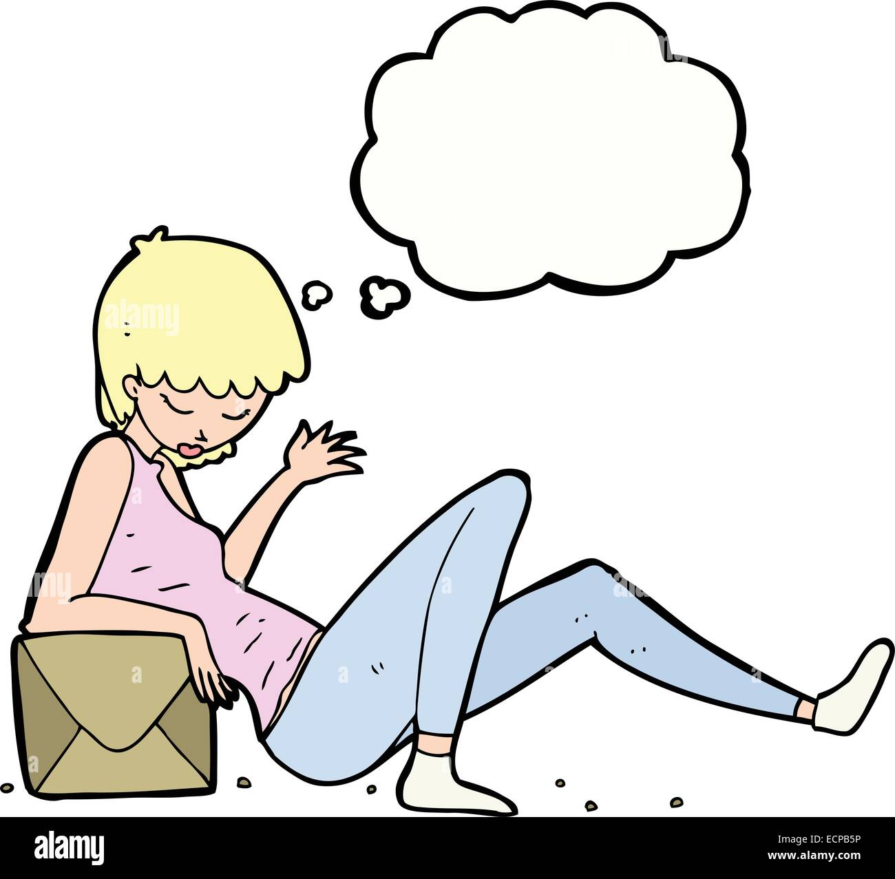 cartoon woman leaning on package box with thought bubble Stock Vector ...