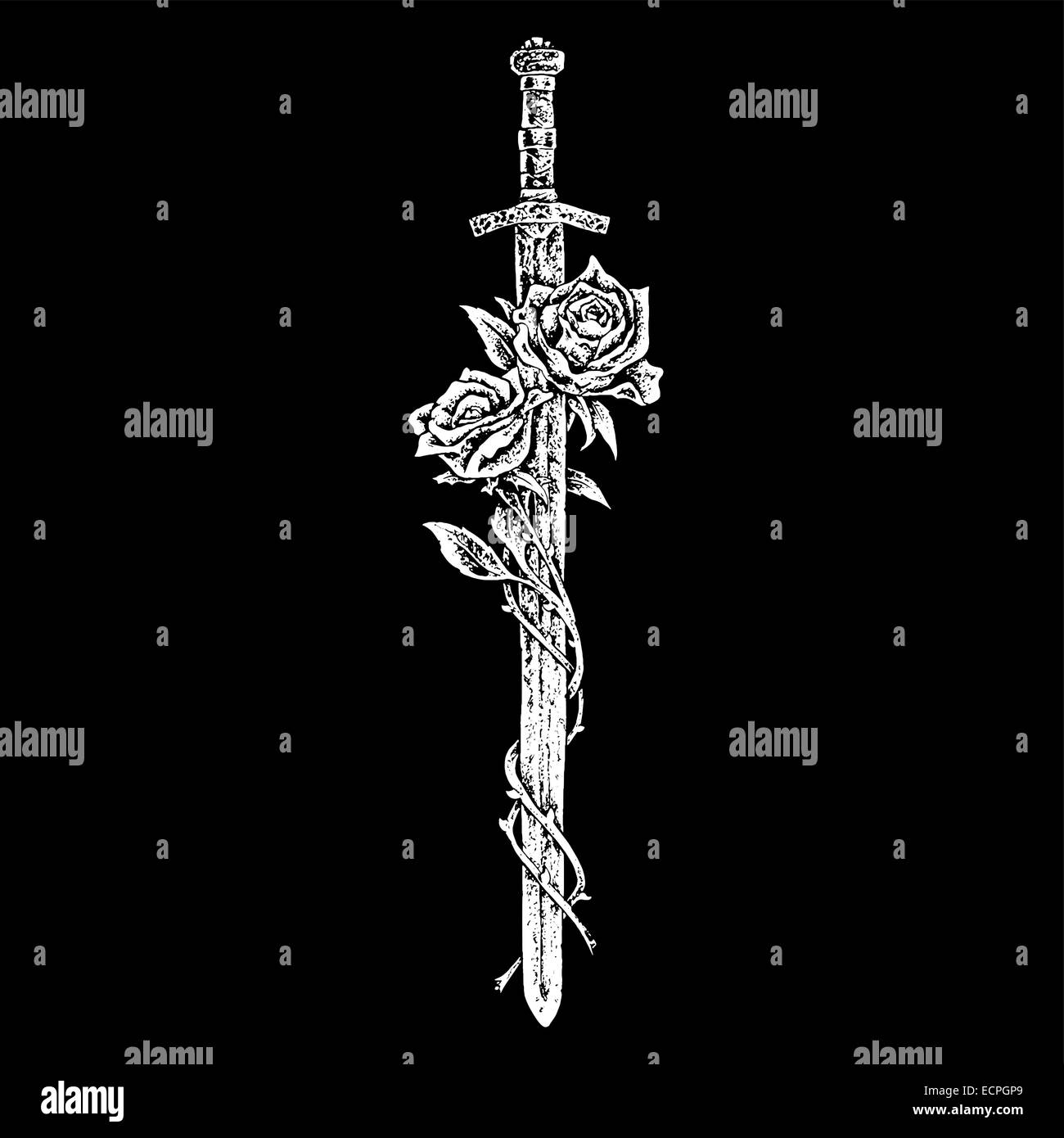 sword and roses black and white illustration Stock Vector Image & Art ...