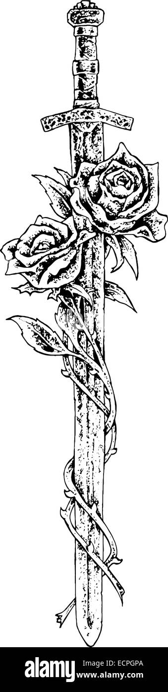 sword and roses black and white illustration Stock Vector Image & Art ...