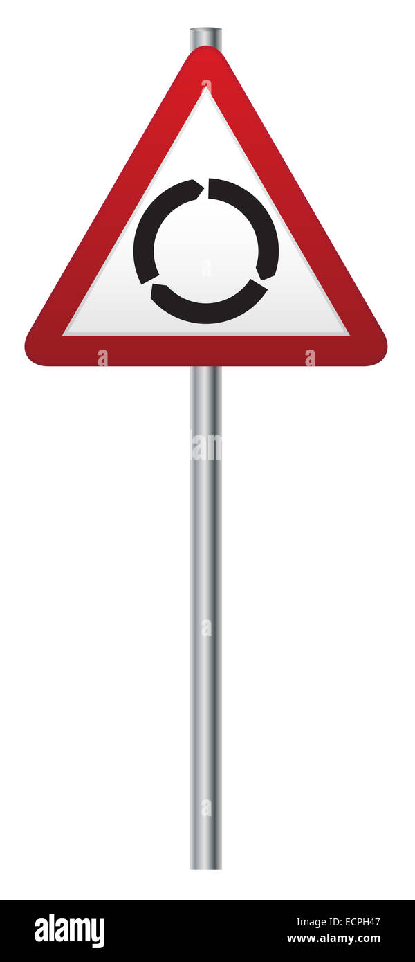 A triangular roundabout ahead sign on a pole isolated on a white ...