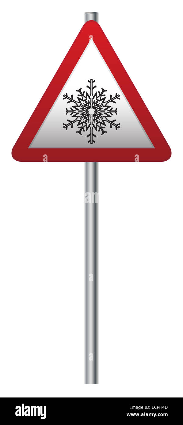 A triangular snow ahead ahead sign on a pole isolated on a white ...