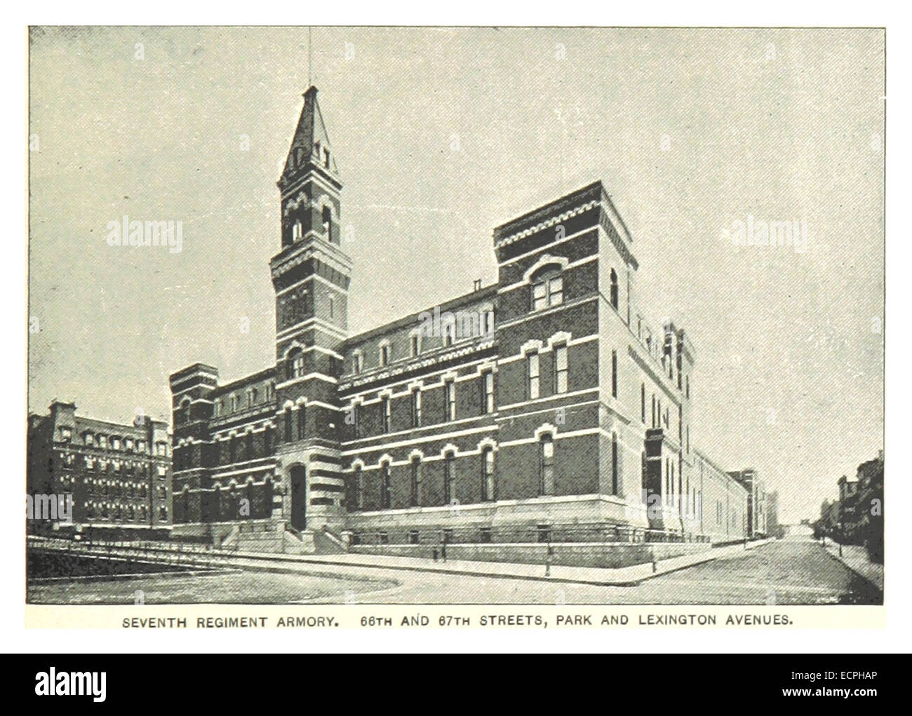 This 1893 illustration depicts the Seventh Regiment Armory located at ...