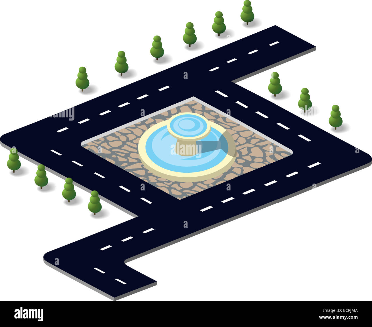 a city block with a fountain and street Stock Photo - Alamy