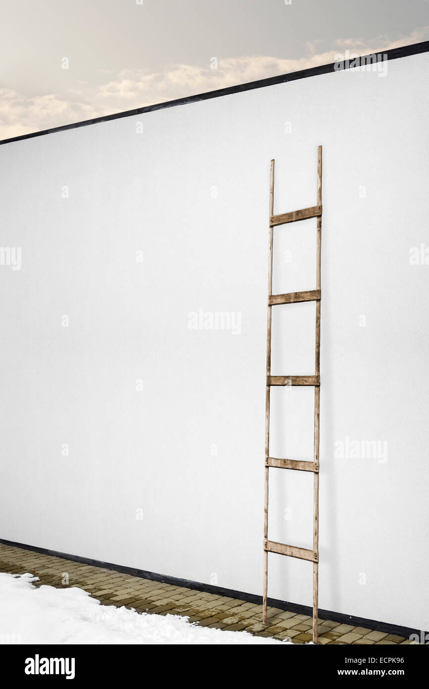white stucco wall with a wooden ladder, tiled floor background Stock ...