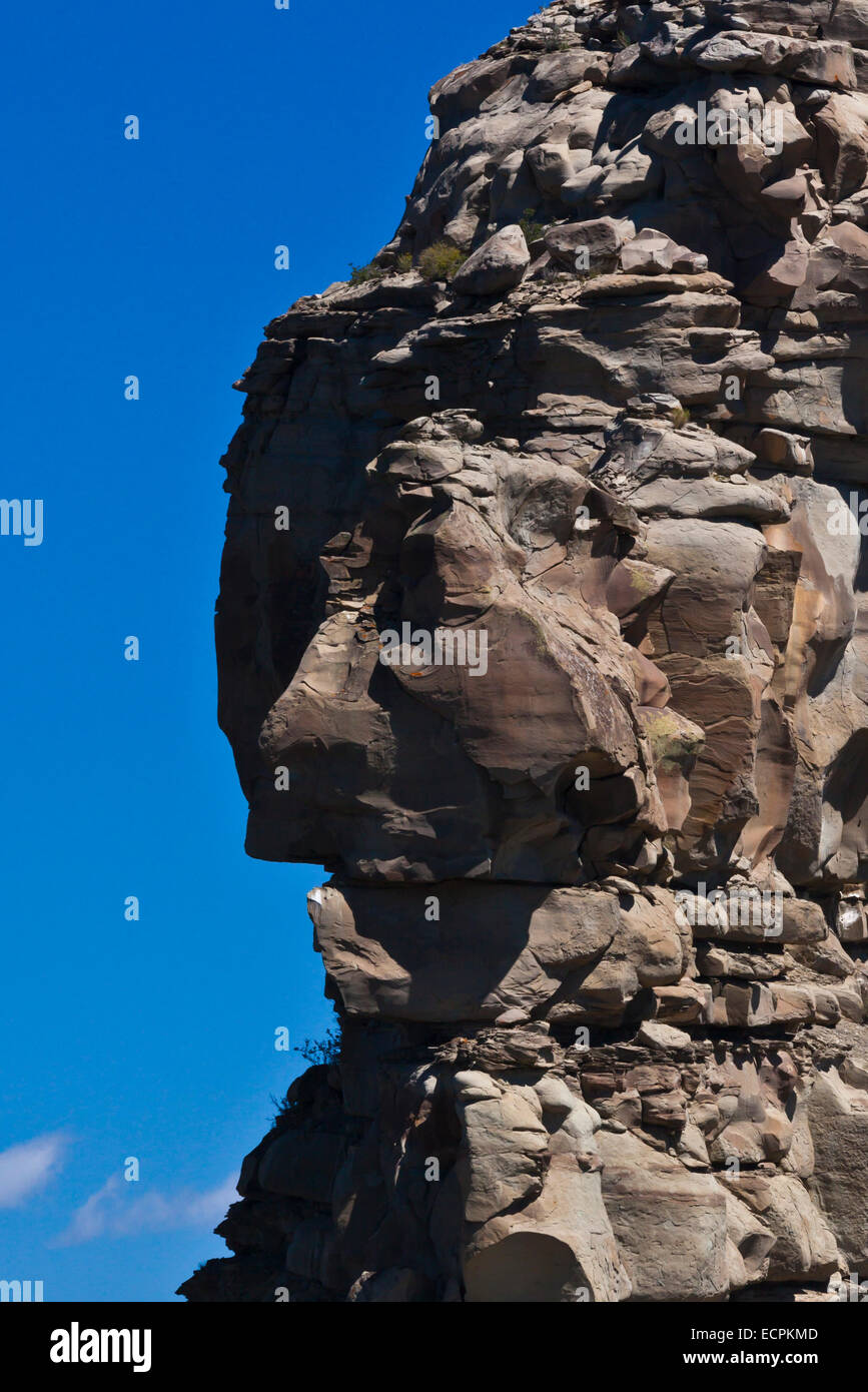 A face in one of the two pinnacles at CHIMNEY ROCK NATIONAL MONUMENT ...
