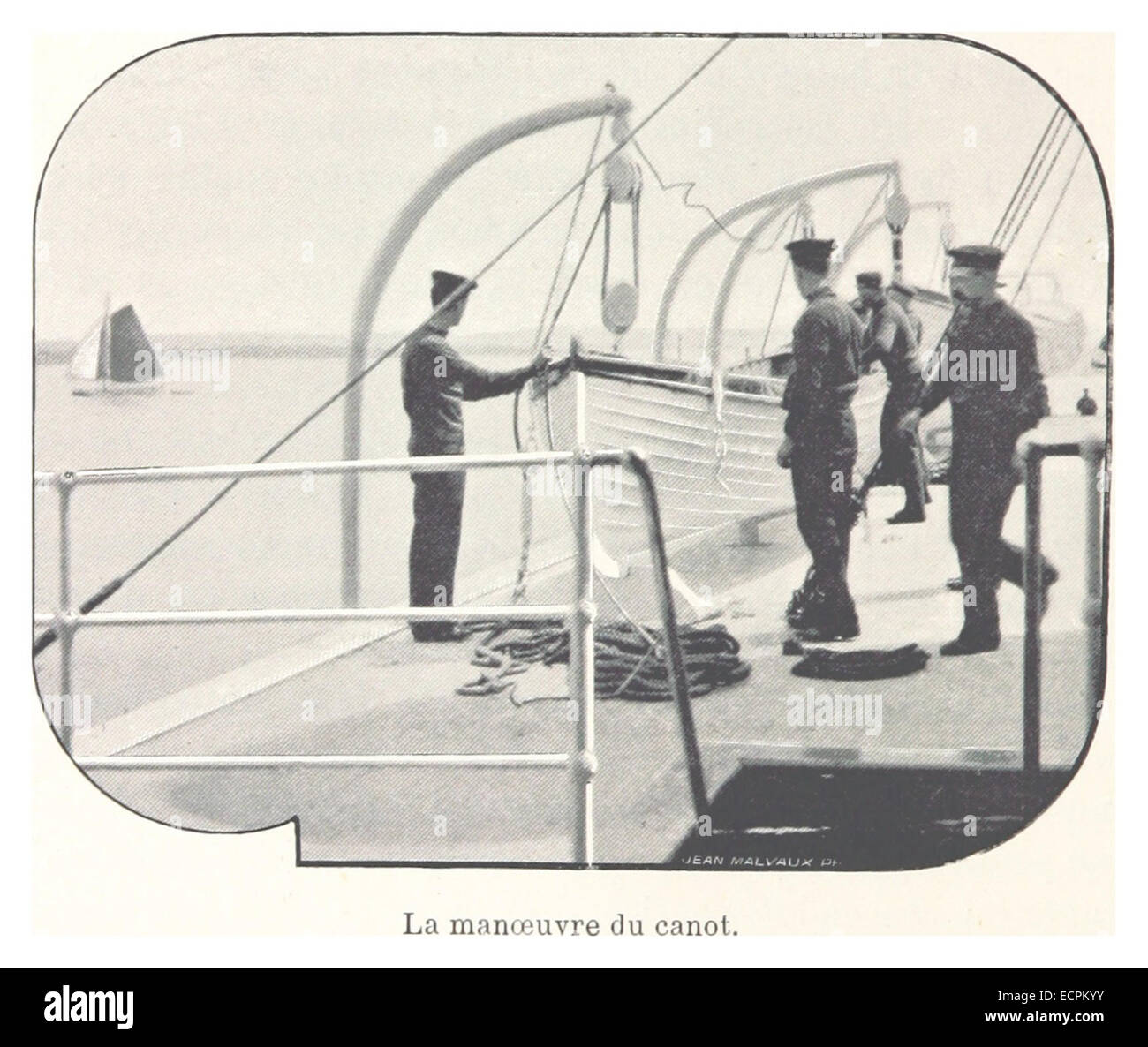 This 19th-century illustration, titled 'La manoeuvre du canot,' depicts ...