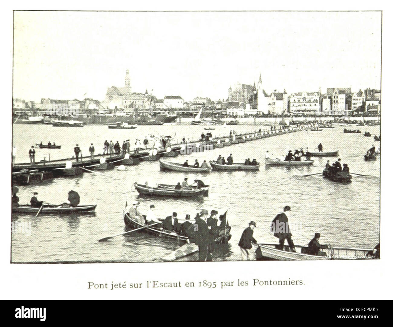 This 1895 illustration depicts a floating bridge on the Escaut River ...