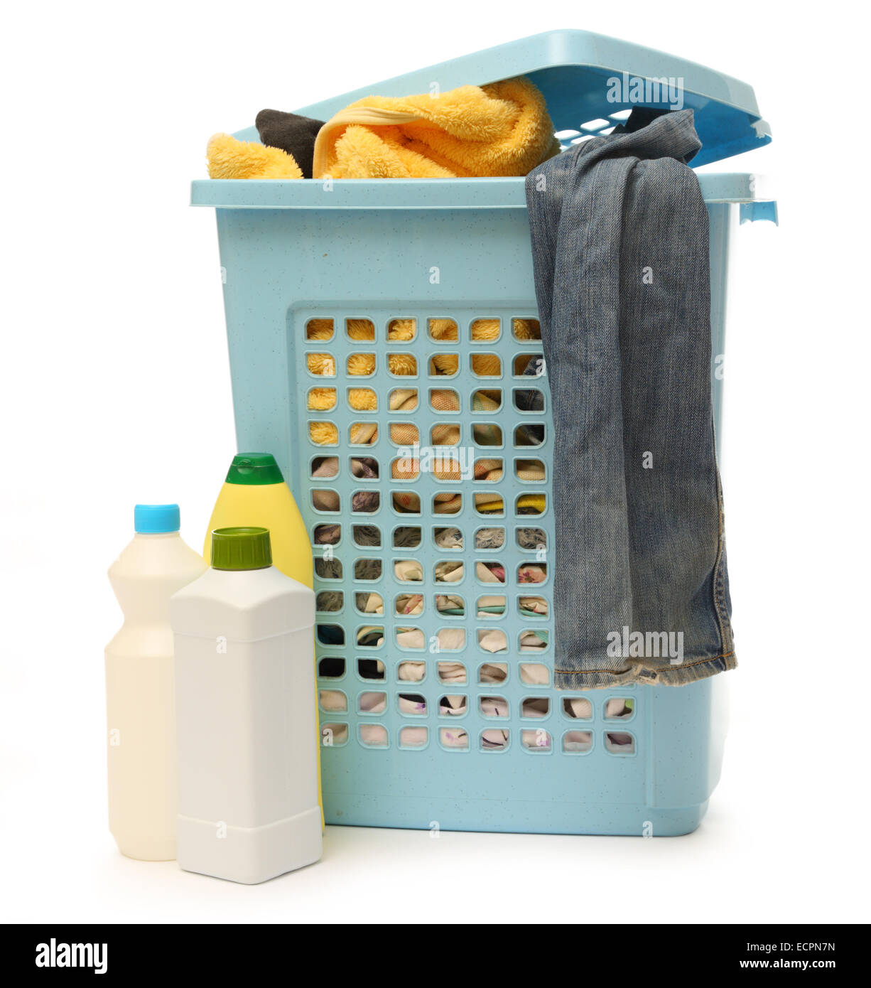 Plastic washing basket with detergent on white Stock Photo - Alamy