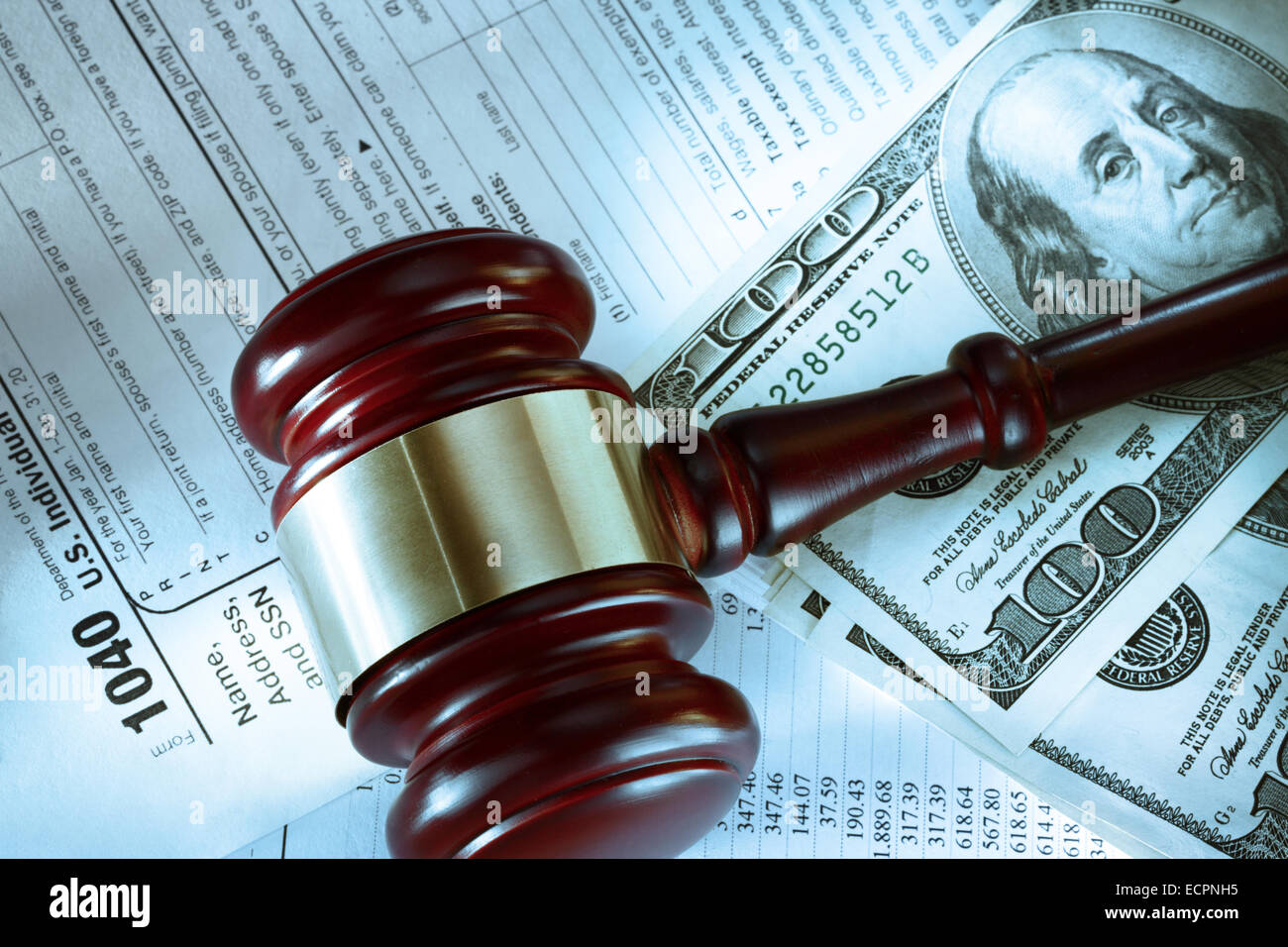 Annual budget, tax form, gavel and dollars Stock Photo - Alamy