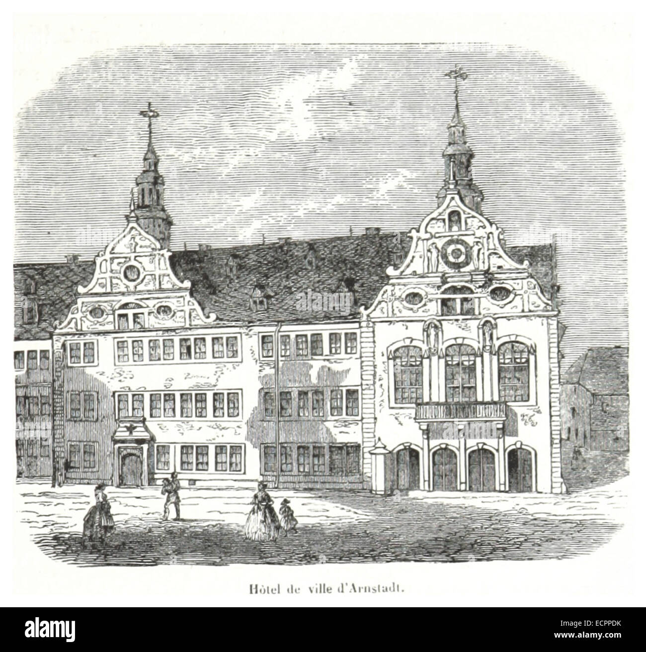 This illustration from Arnstadt, Germany, depicts the Rathaus (town ...