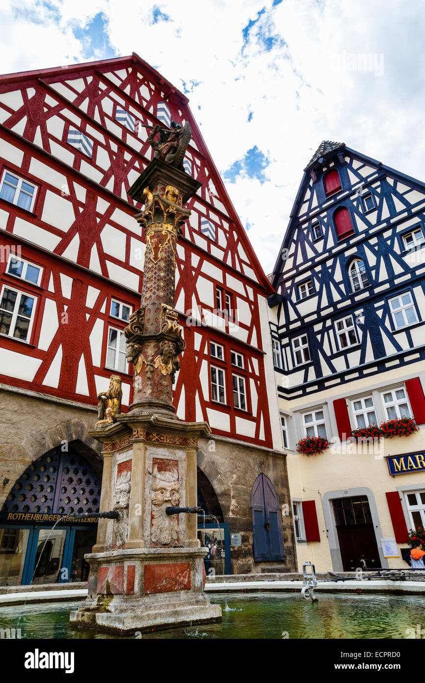 St George's fountain and historic buildings, Marktplatz, Rothenburg ob ...