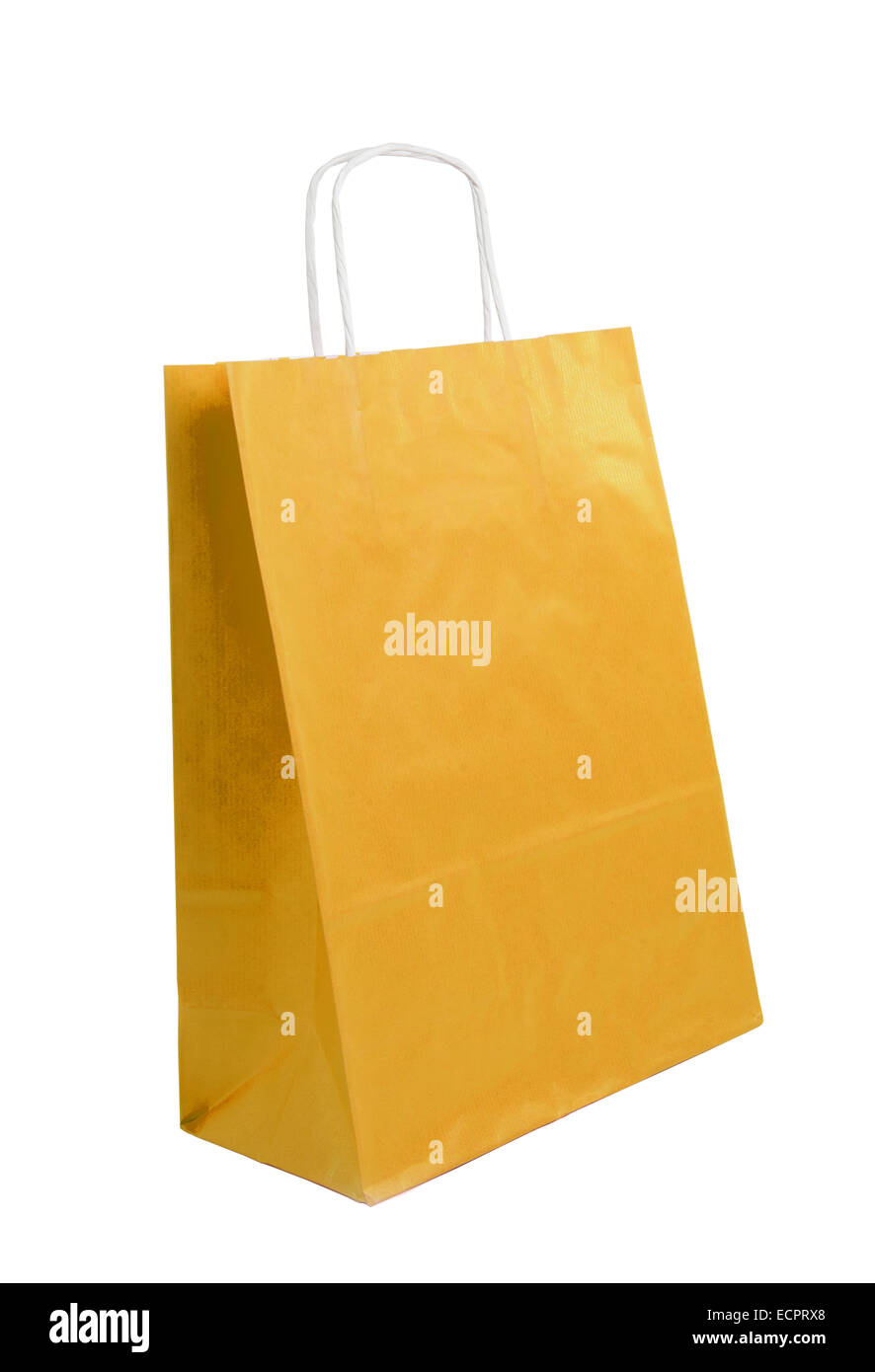 Yellow paper bag on the white background Stock Photo - Alamy