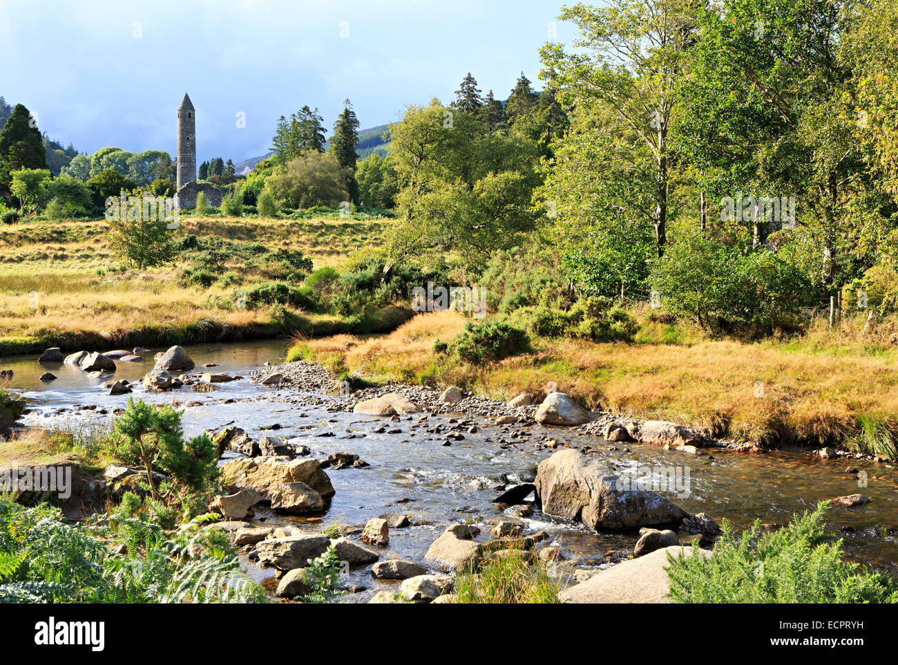 Summer landscape with medieval tower in Wicklow Mountains National Park ...