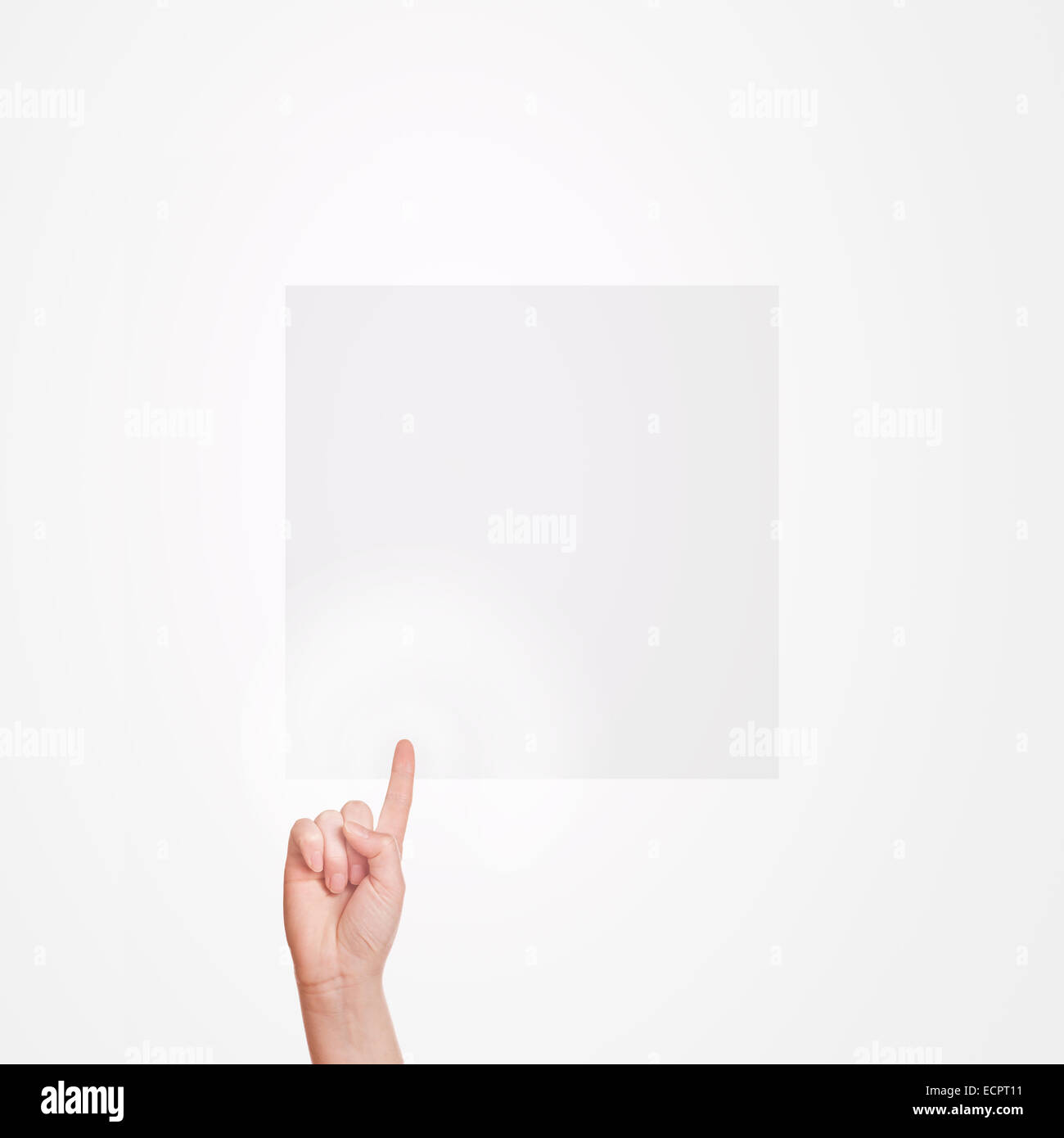 Caucasian female hand pressing square gray touchscreen button as copy ...