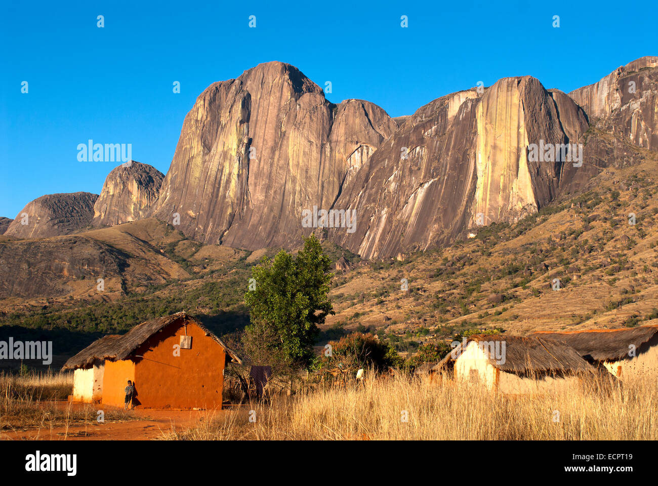 Village and Mountains in the Tsaranoro Massif, central Madagascar Stock ...
