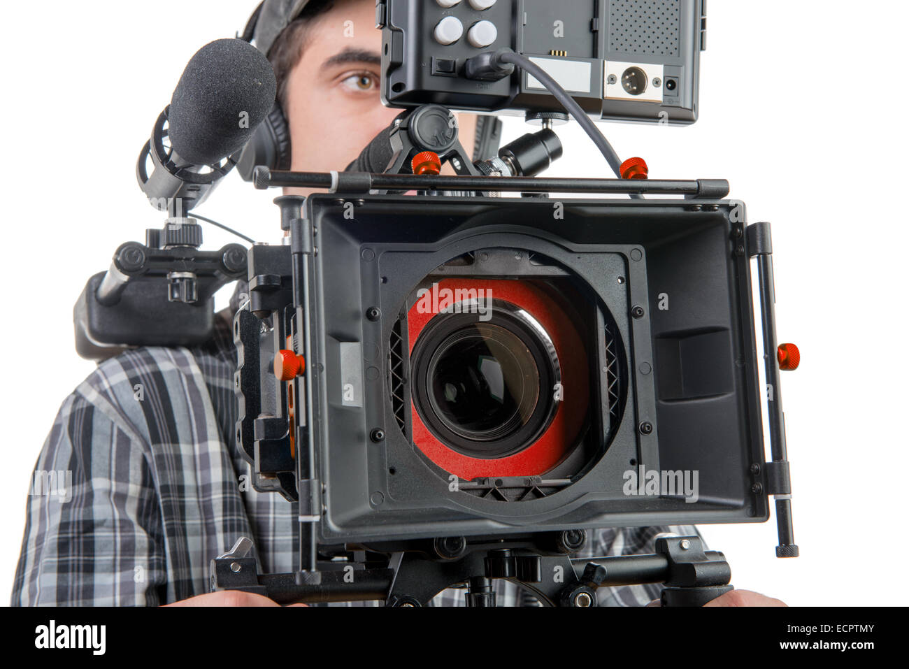 a cameraman with DSLR camera on the white background Stock Photo - Alamy