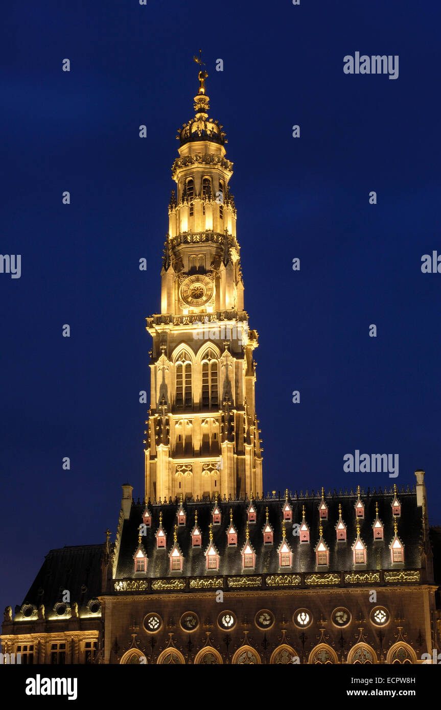 Hotel de Ville, town hall, at dusk, Place des Héros, Arras, Nord-Pas de ...