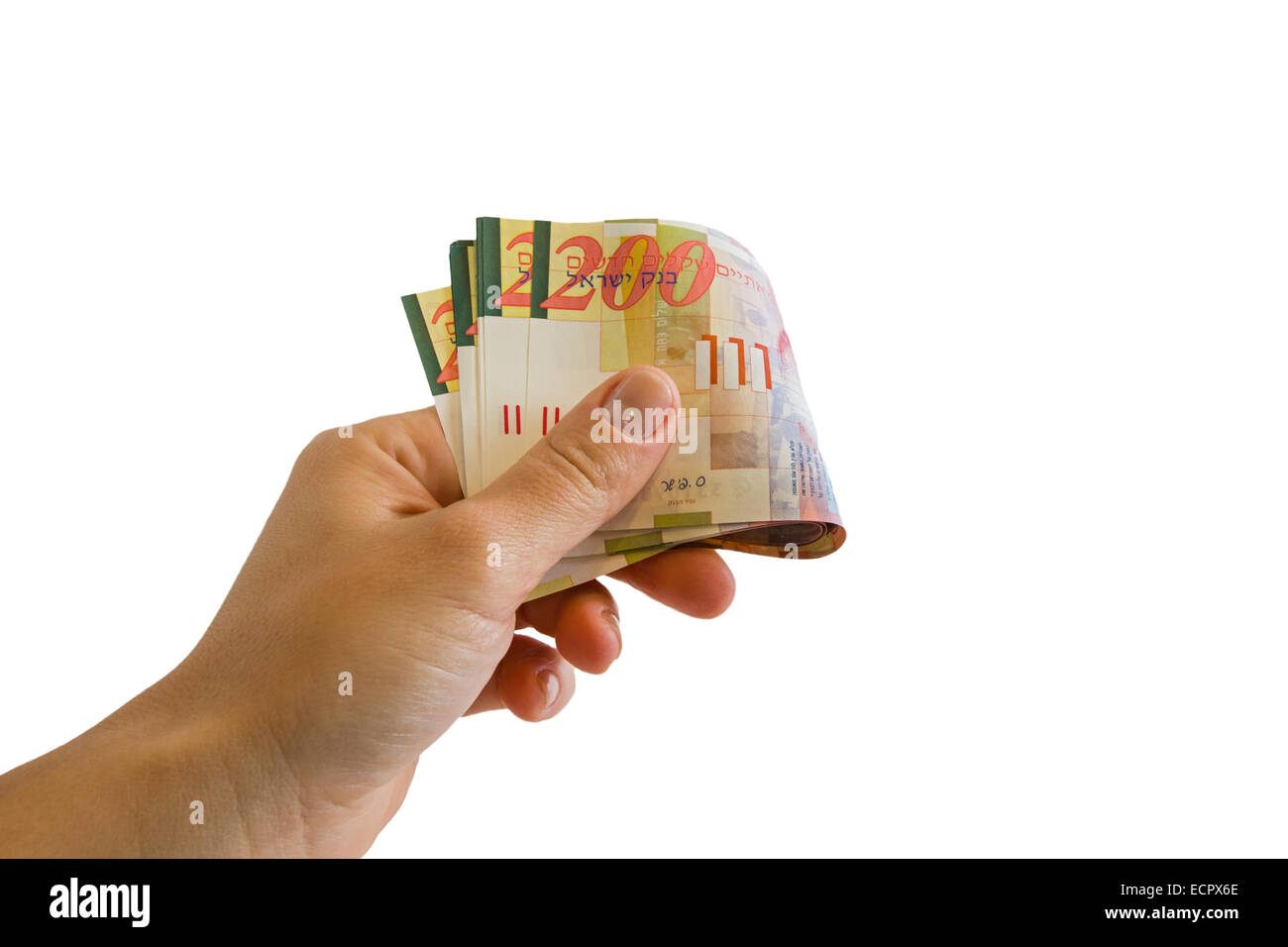 A female hand holding two hundred shekel bank notes against white ...