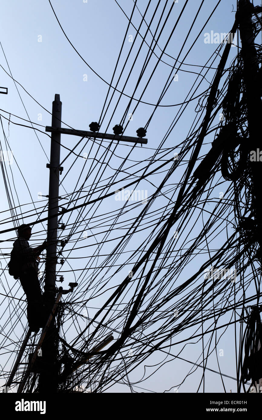 electrician working on street power cables in Katmandu Nepal Stock ...