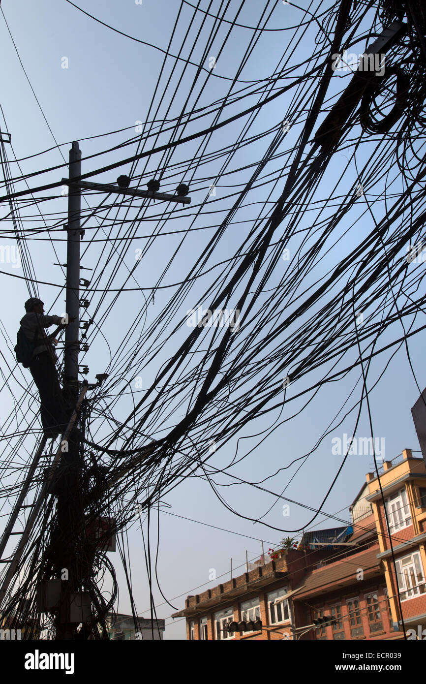 electrician working on street power cables in Katmandu Nepal Stock ...