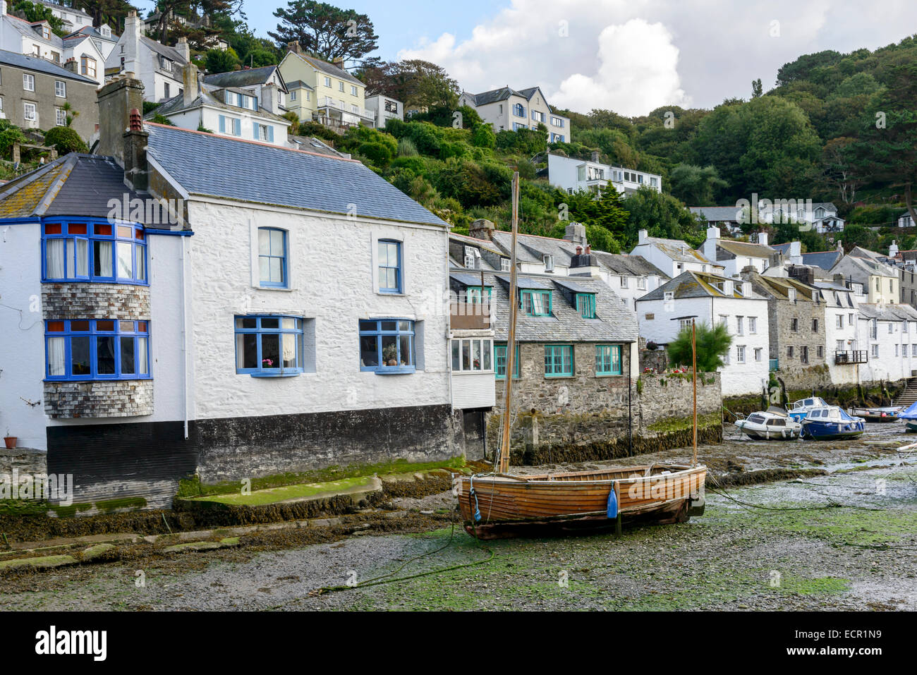 cityscape of the touristic village on southern coast of Cornwall with ...