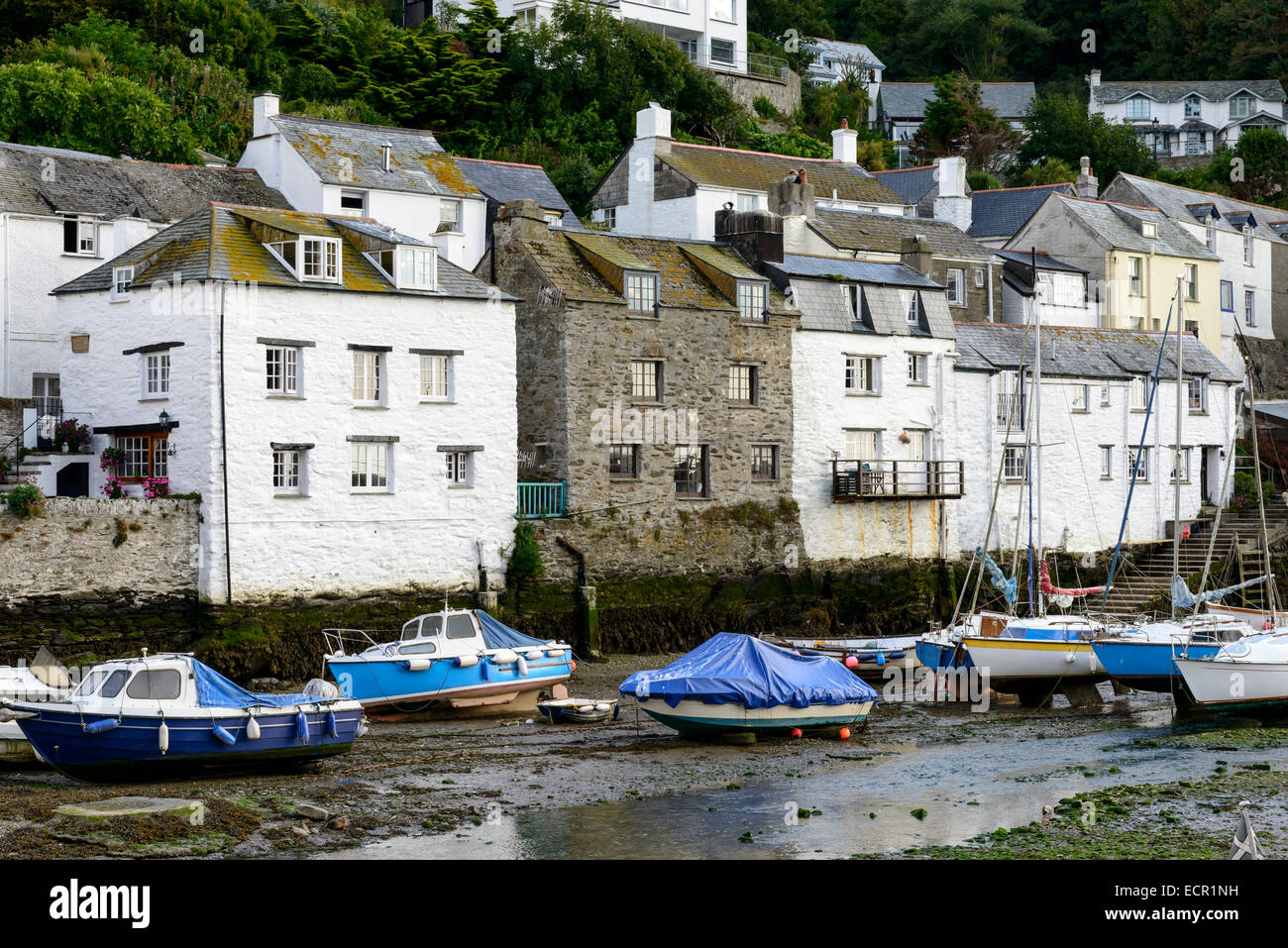 cityscape of the touristic village on southern coast of Cornwall with ...