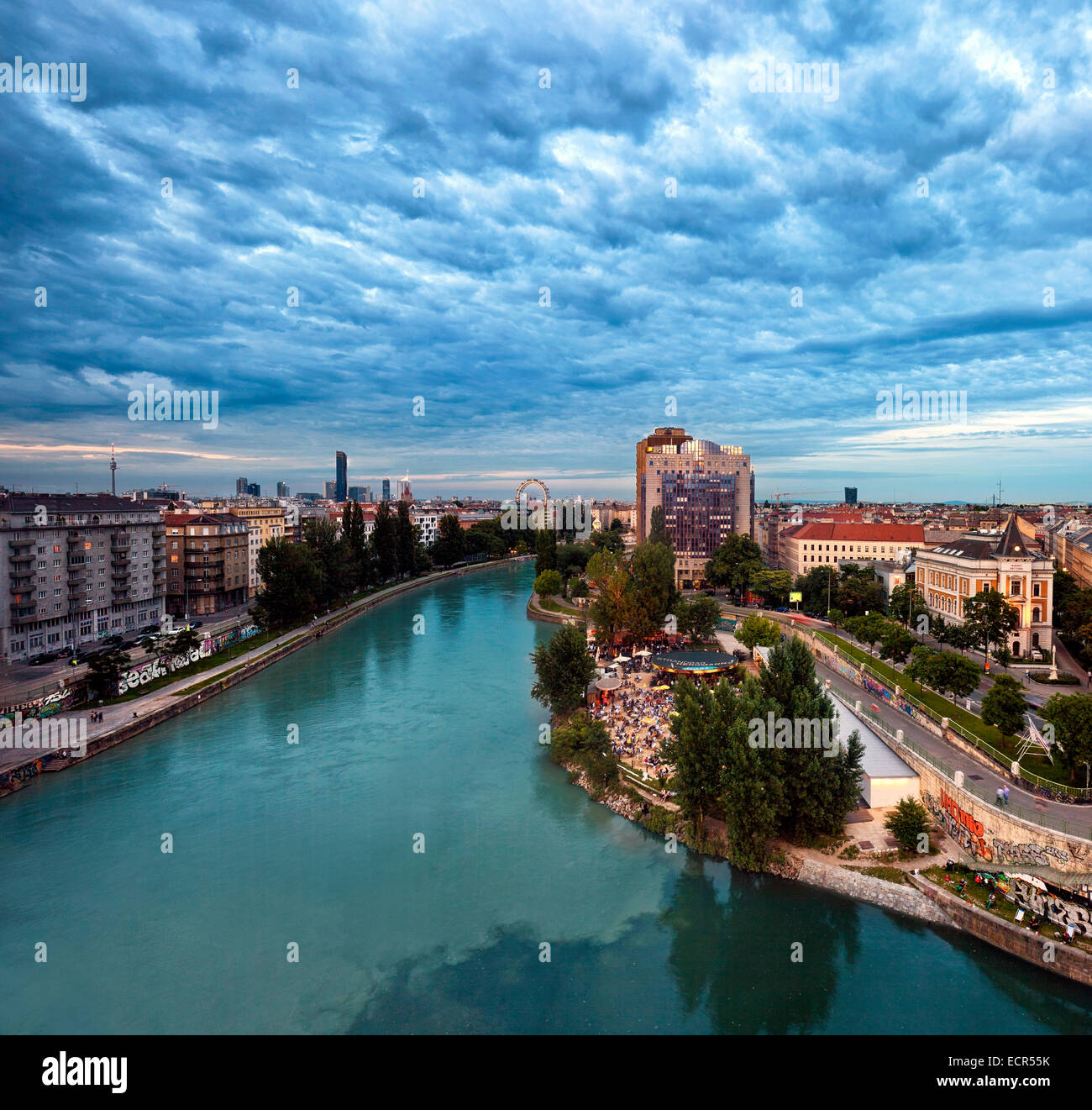 Vienna Danube Canal and the Herrmann beach bar at dusk in Vienna Stock ...