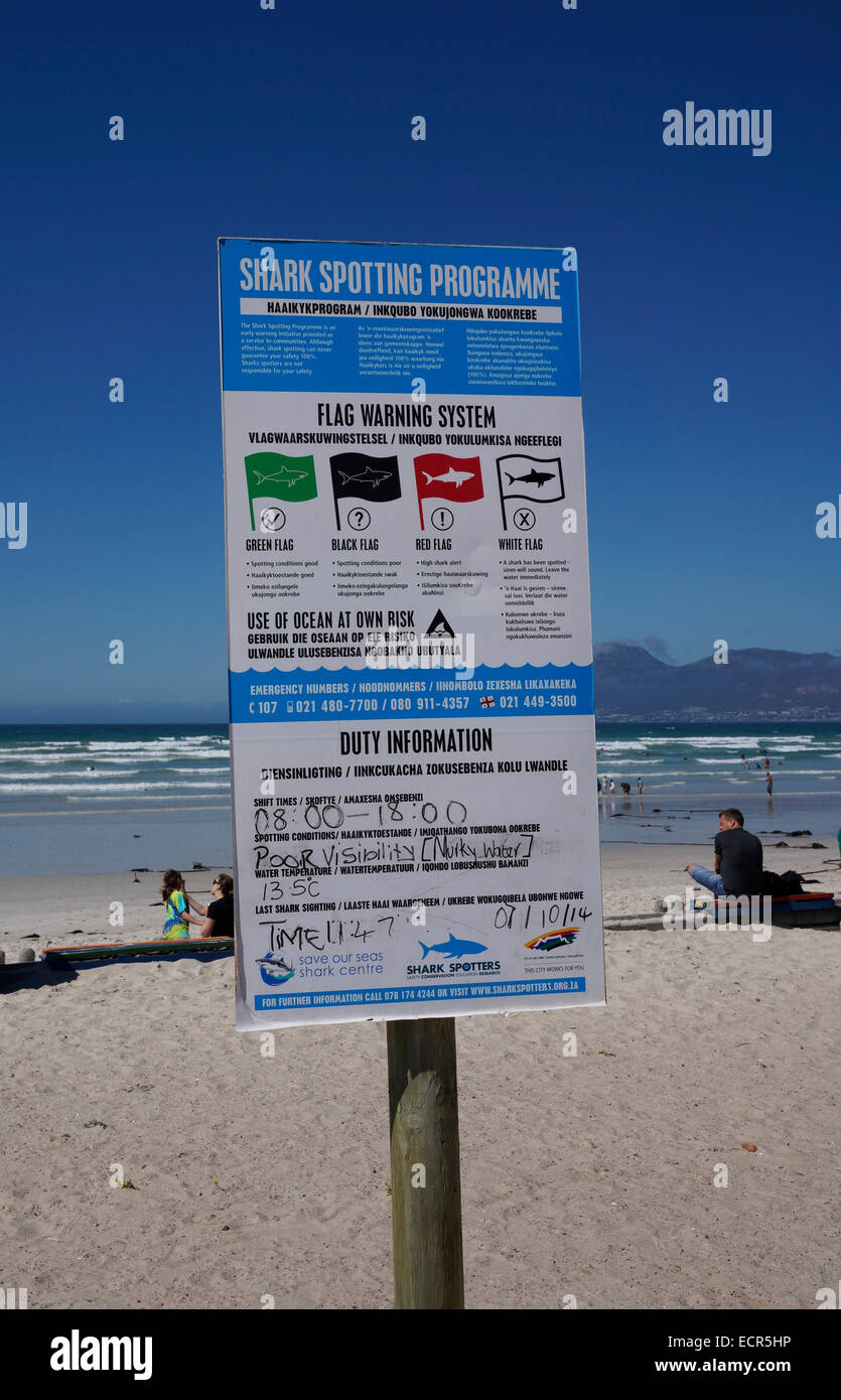 Public safety information sign about shark spotting on the beach front ...
