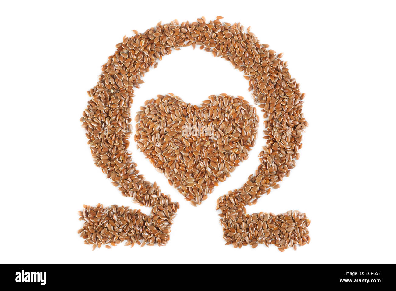 Heart and omega symbol shape made from flax seed on white background ...