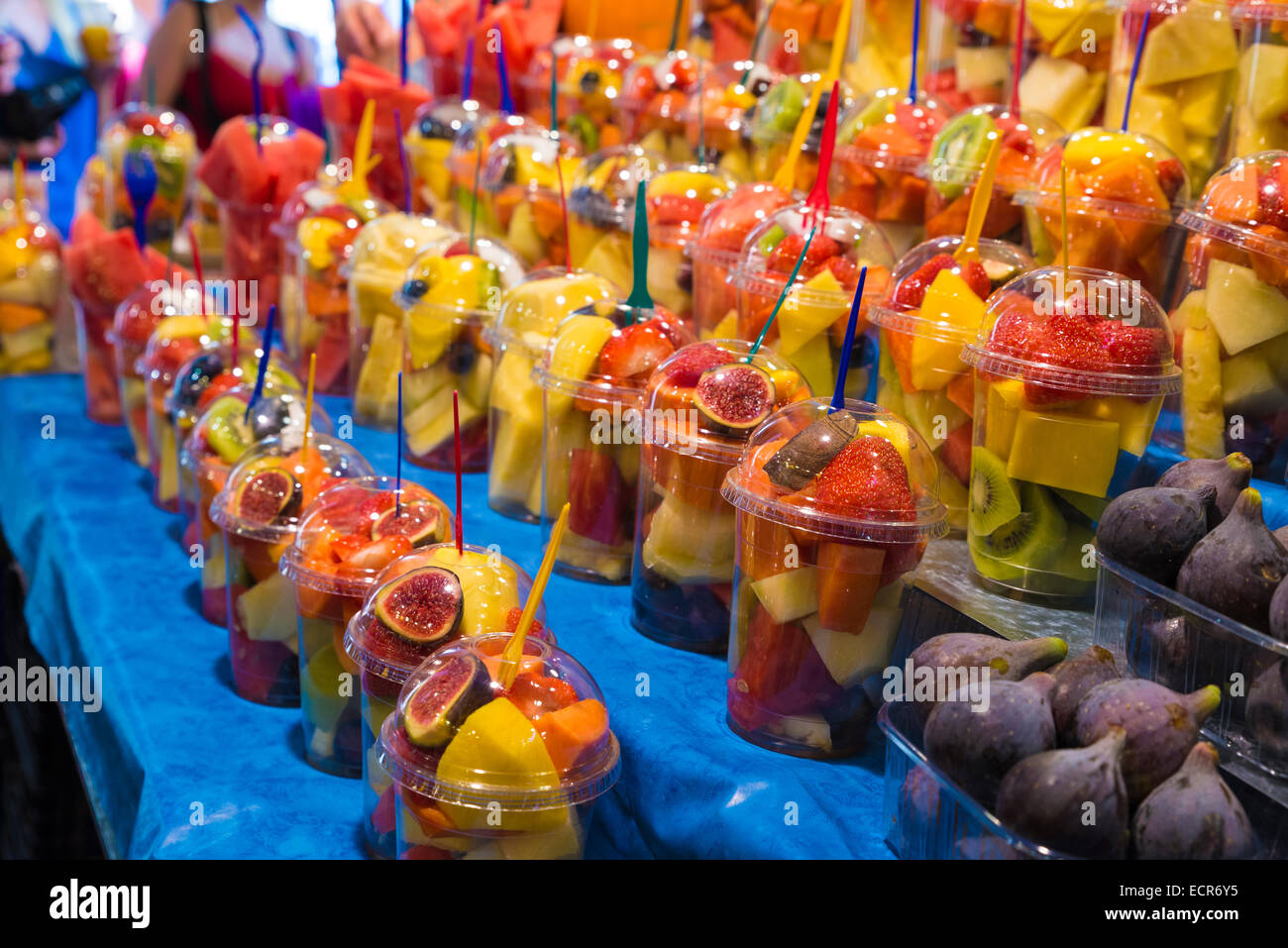 chopped fruit ready to take on the market of La Boqueria in Barcelona ...