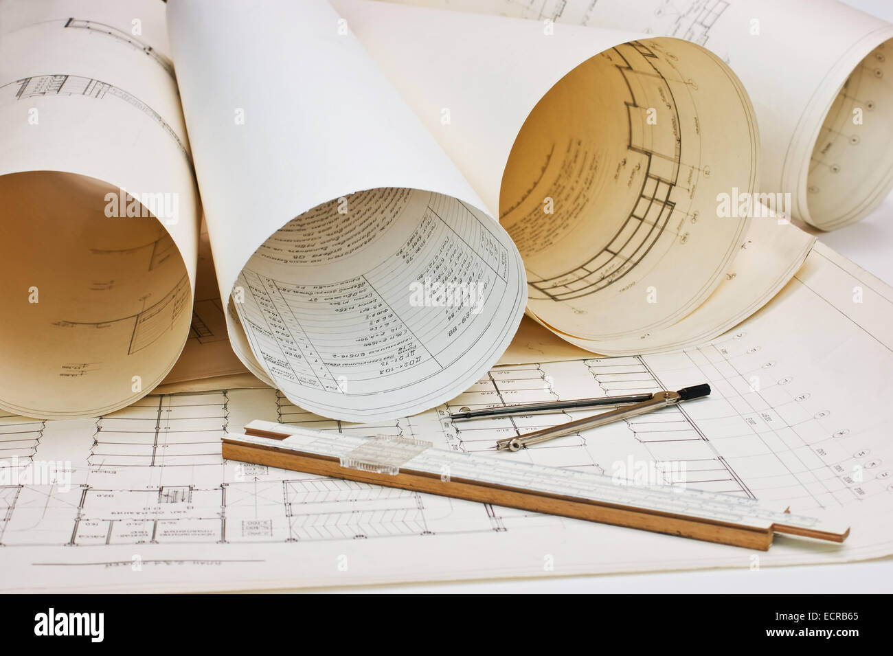 Old architectural drawing with a ruler and compass Stock Photo - Alamy
