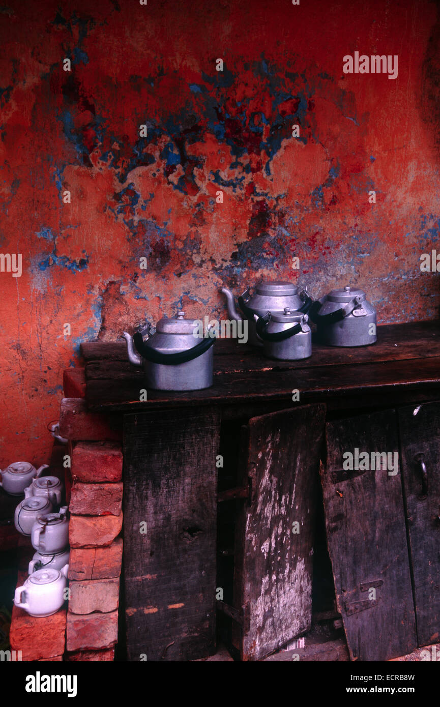 Kettle and teapots of a chai stall in the street of New Delhi,India ...