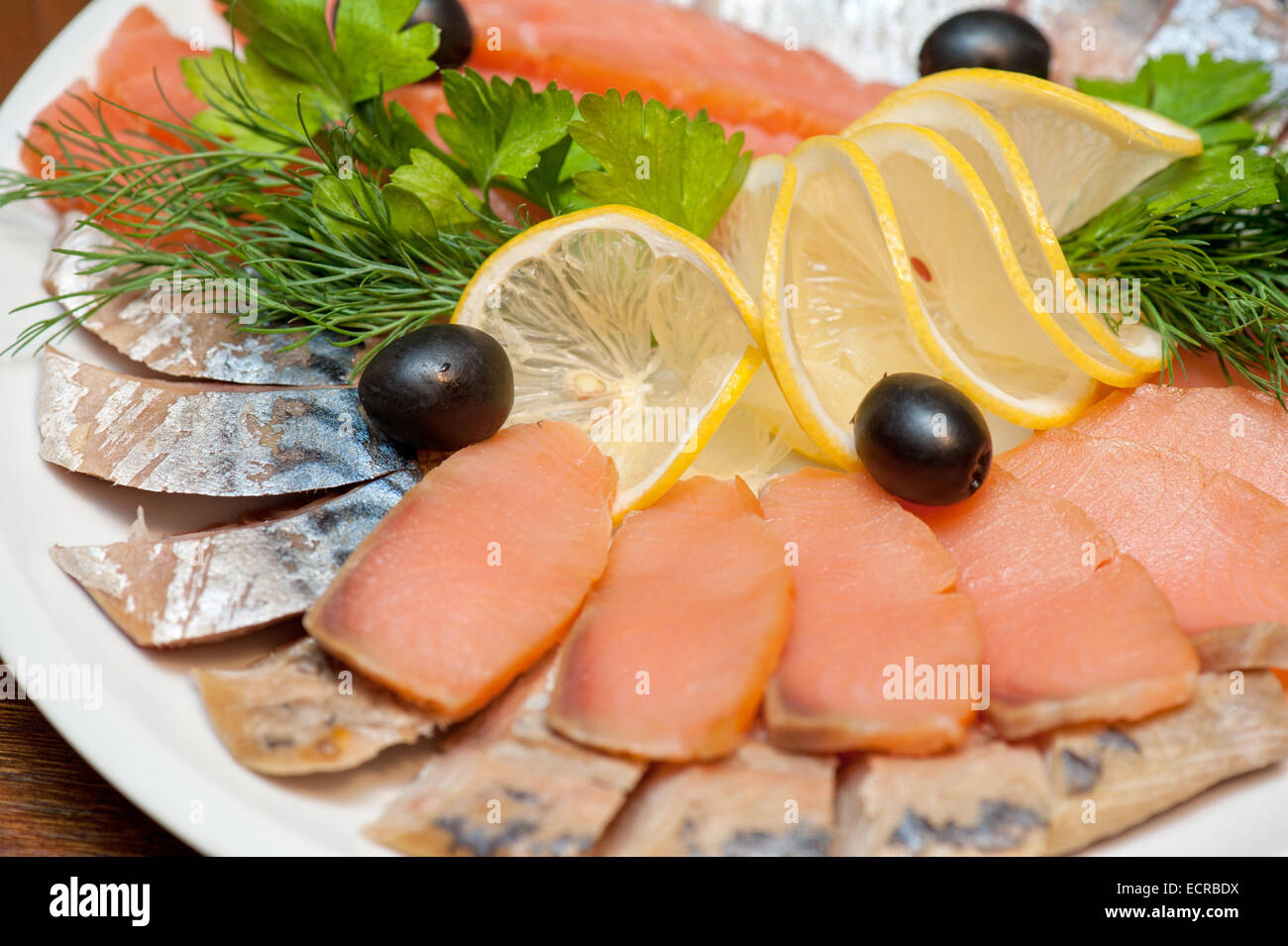 The set marinated mackerel, herring fillet, and salmon Stock Photo - Alamy