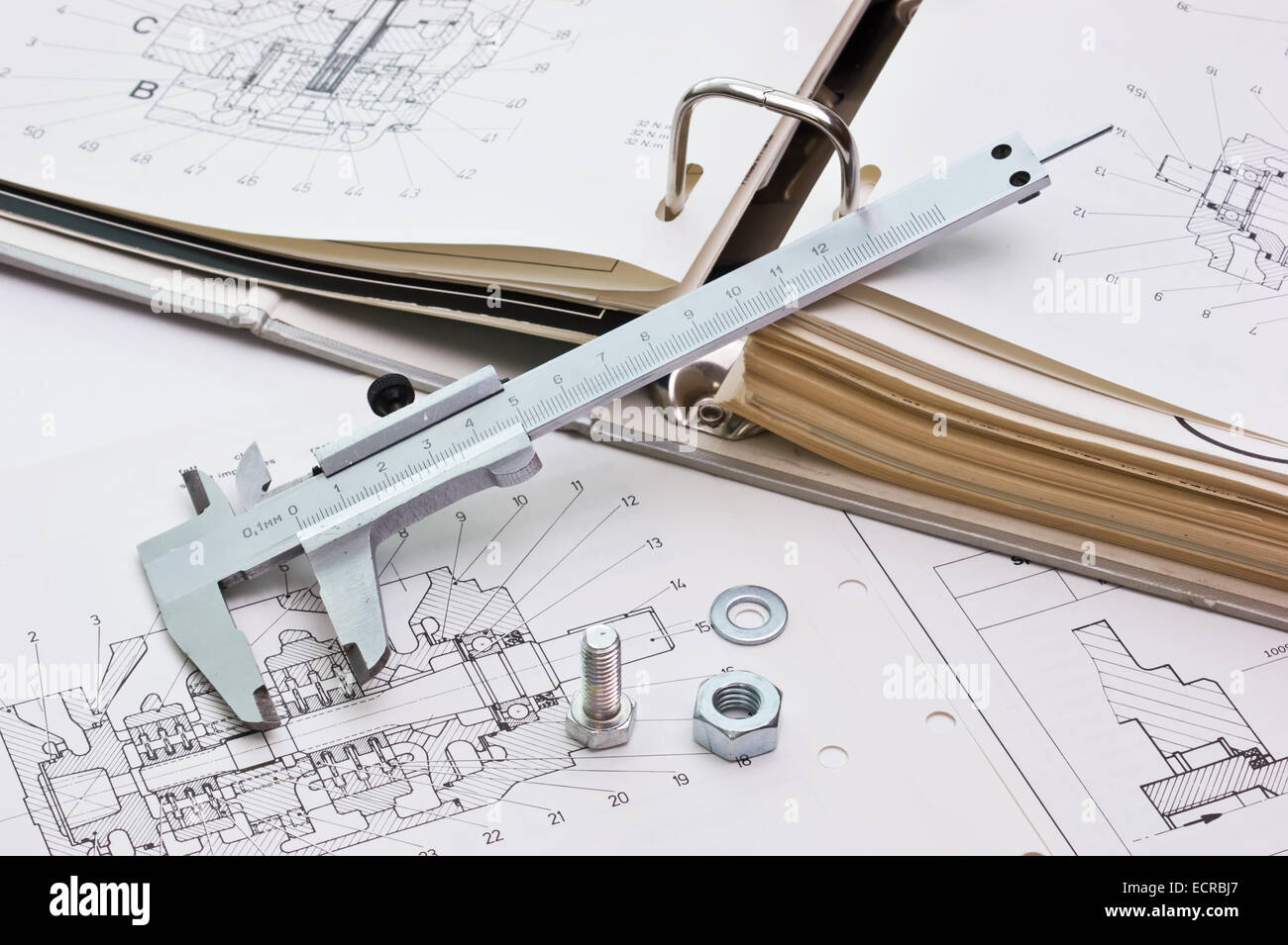 mechanical scheme and calipers with details Stock Photo - Alamy