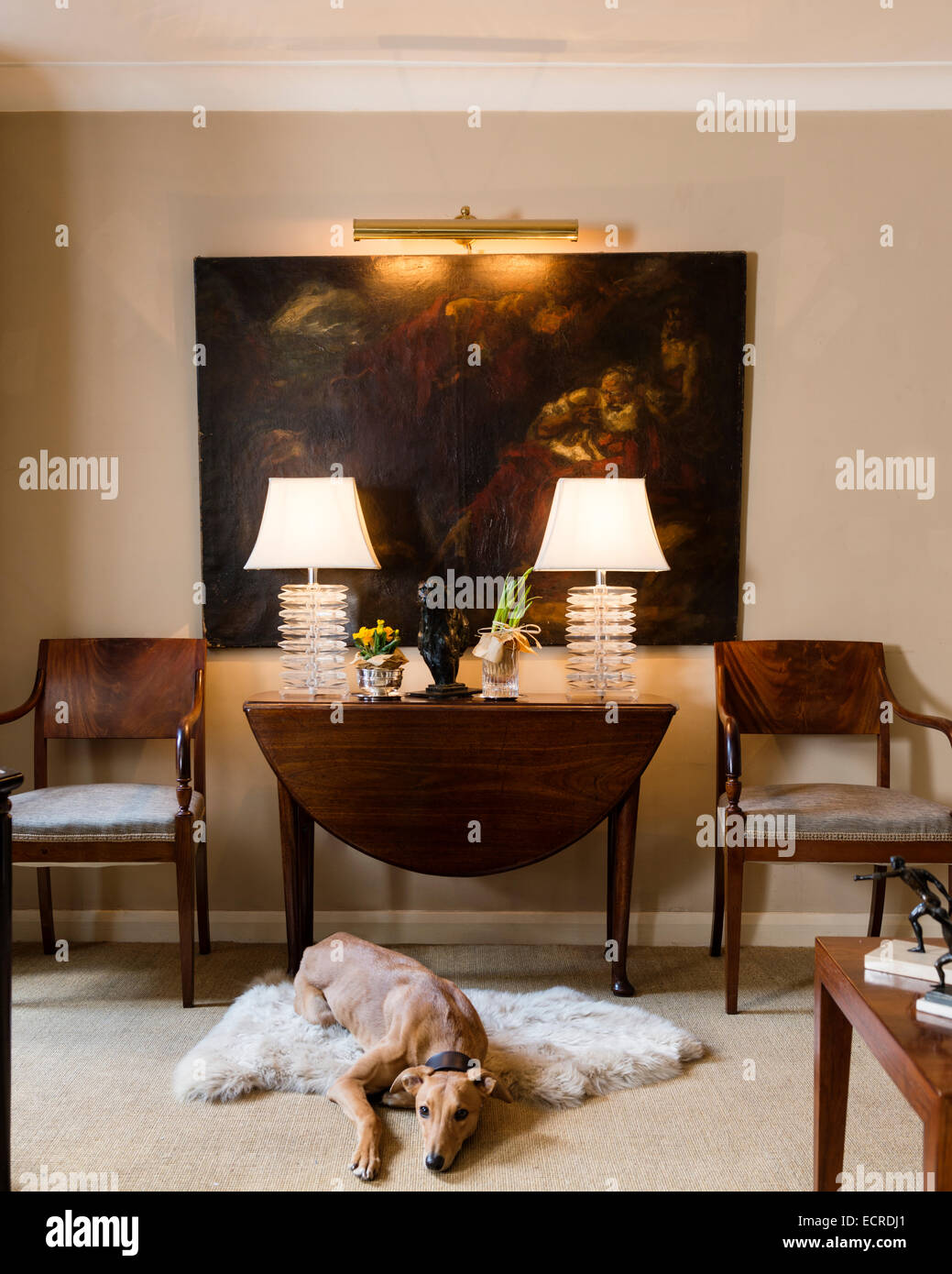 Lurcher lying on floor in front of folding table. The oil painting on ...