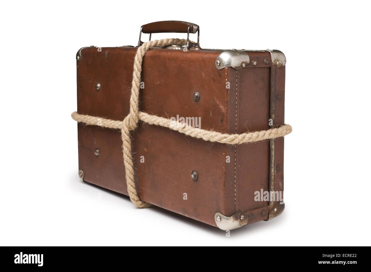 old suitcases tied with rope Isolated on white background Stock Photo ...