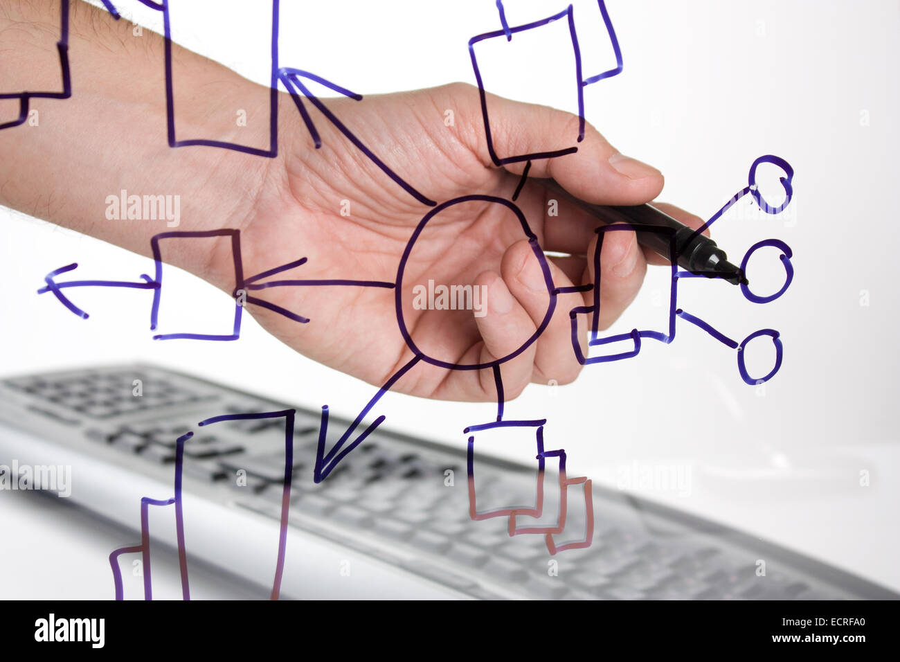 hand draws a block diagram on a transparent glass isolated Stock Photo ...