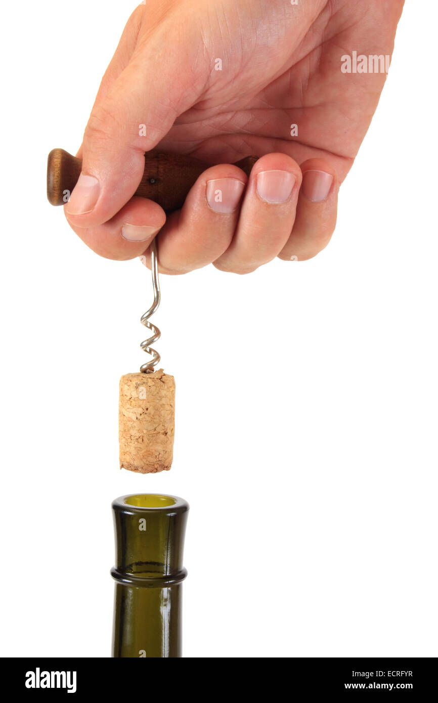 pulling corkscrew cork from the bottle isolated on white background ...