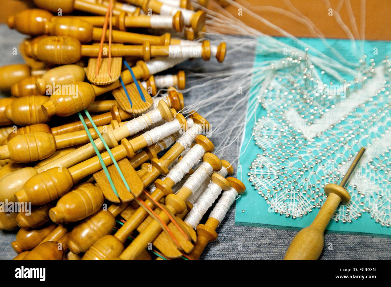 Bobbins and lace making equipment , Bruges, Belgium, Europe Stock Photo ...