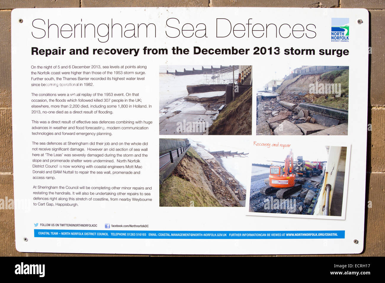 A sign about repairing the sea defences in Sheringham, Norfolk after ...