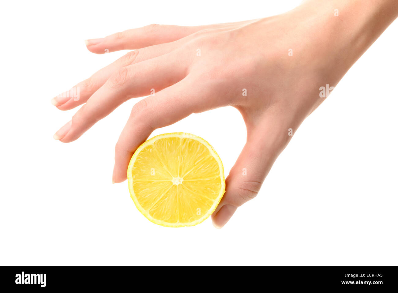 Food: womans hand holding lemon, isolated on white background Stock ...
