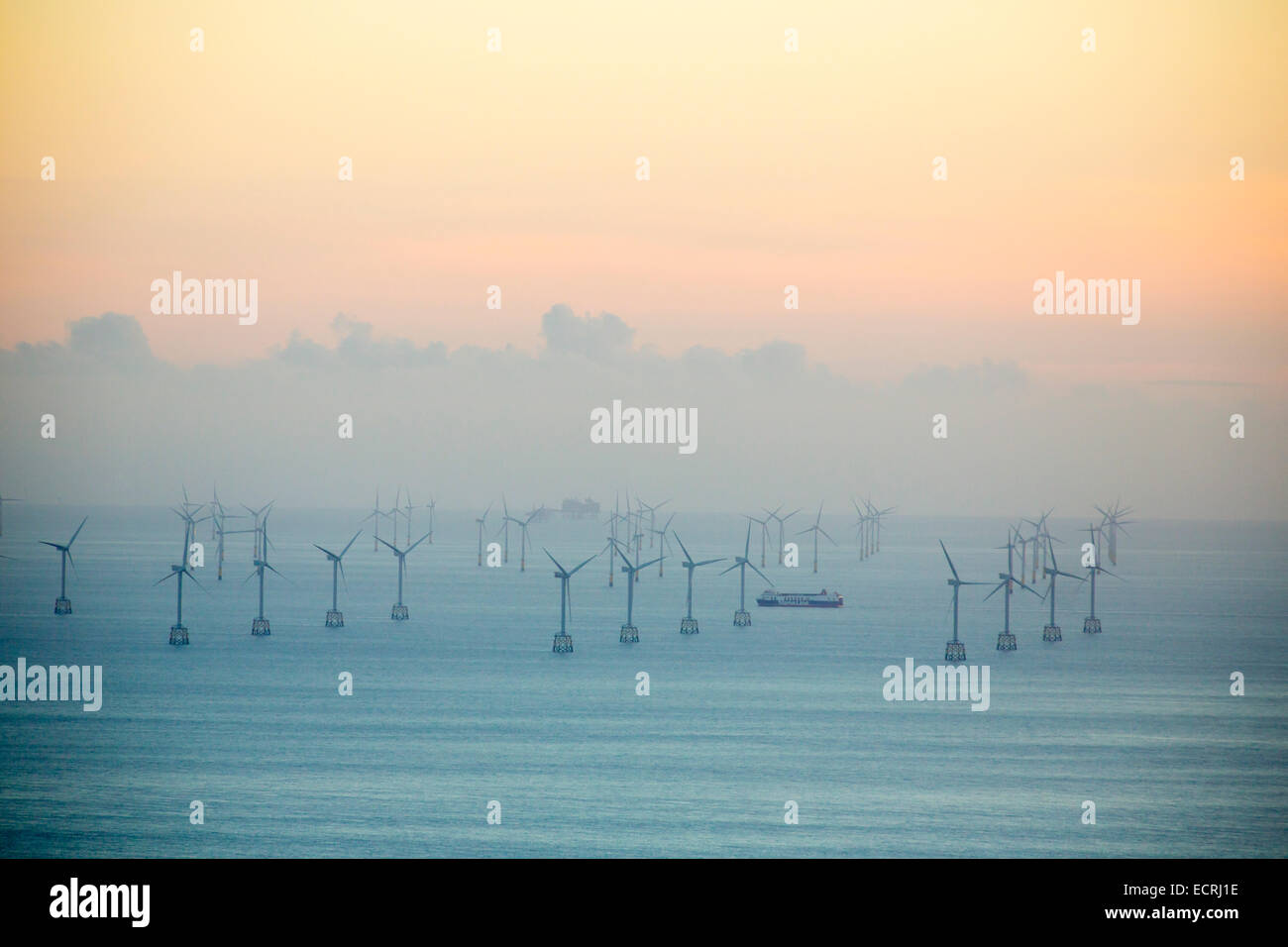 The Walney offshore wind farm and gas drilling rigs in Morecambe Bay ...