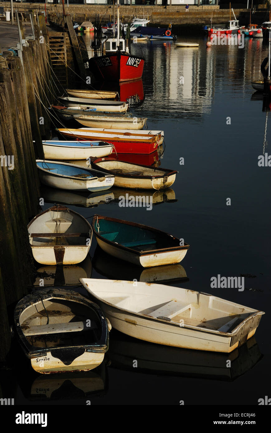 A line of rowing boats pied up against the harbour wall at West Bay ...