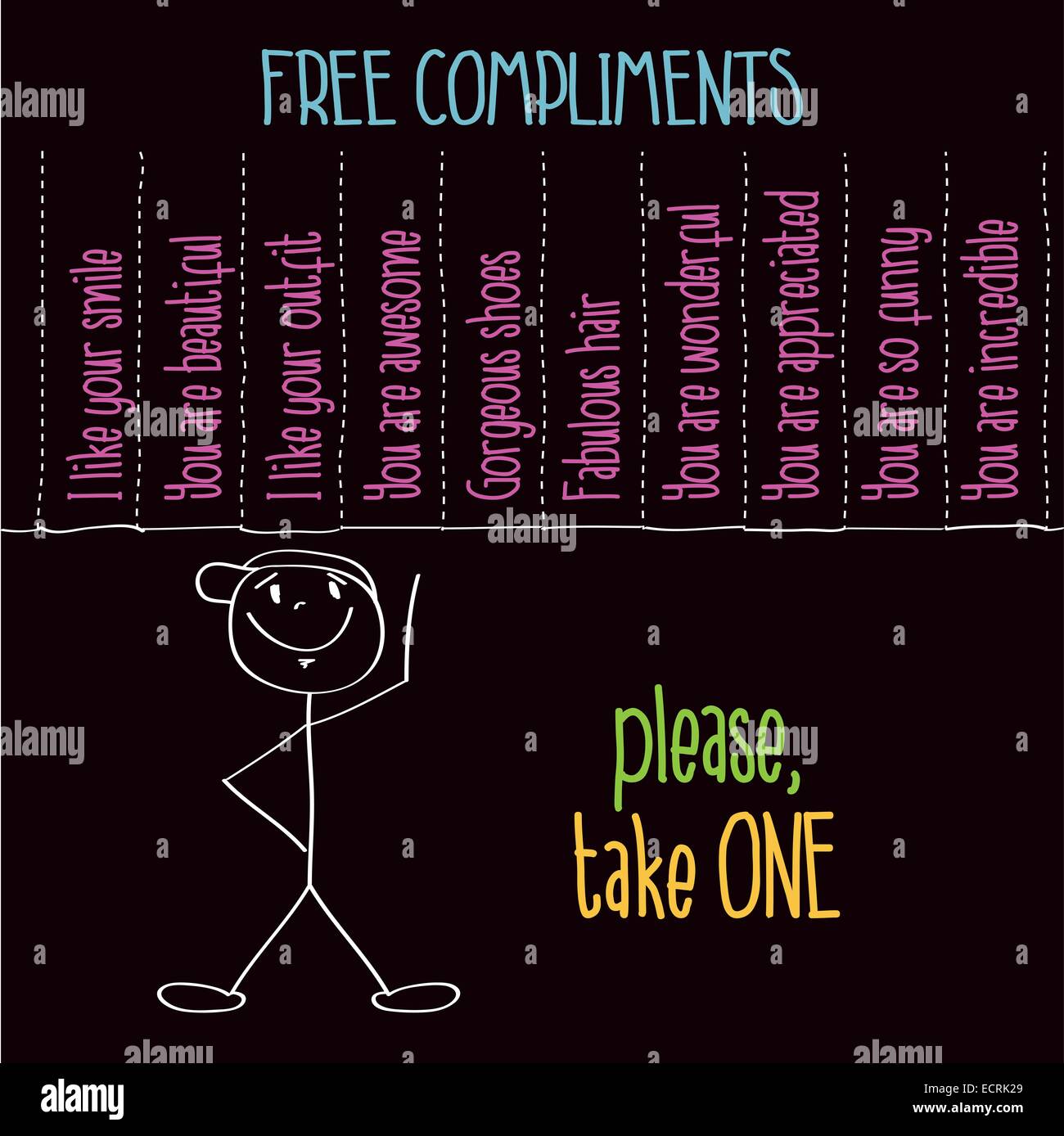 Funny illustration with message: " Free compliments, please take one ...
