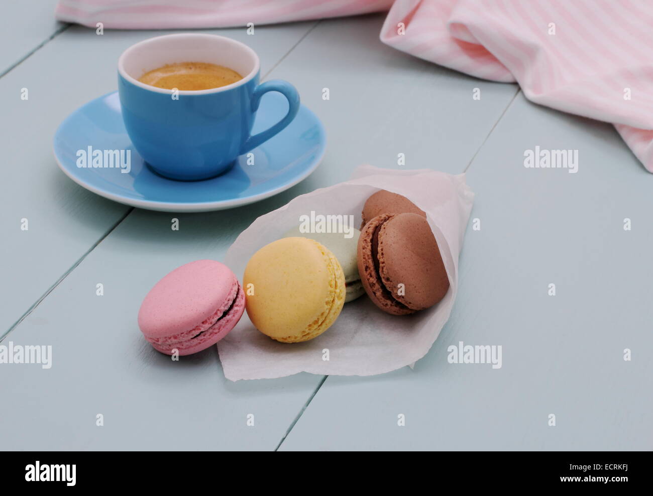 Tracing paper cornet with macarons and Blue Espresso Cup, retro color ...